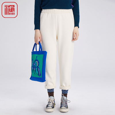 渔牌女装裤子女2024新款秋冬加绒厚款简约刺绣花针织长裤FGGD8208