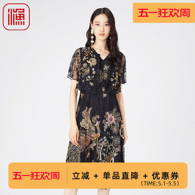 渔牌女无袖连衣裙重工凤凰刺绣中长裙复古国风气质礼服裙FGGA0112