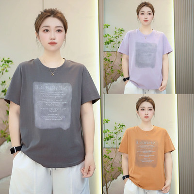 胖mm大码女装撒银夏装新款字母印花时尚洋气宽松显瘦百搭圆领短袖