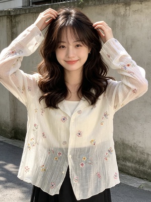法式温柔风碎花刺绣长袖衬衫2026夏季新款女小清新微透百搭防晒