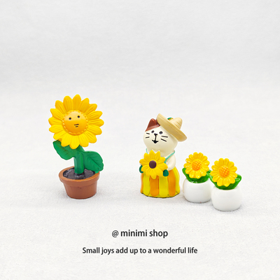 minimi捧向日葵喵喵女孩树脂创意可爱桌面公仔办公室解压娃娃摆件