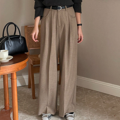 翡格依GN2023秋季新款麻质西装裤阔腿裤高腰显瘦拖地休闲裤送腰带
