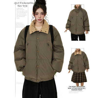 DUSK原创美式复古棉服女秋冬加厚面包服羽绒棉衣翻领棉袄情侣外套