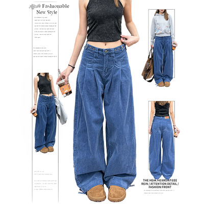 DUSK灯芯绒工装裤休闲裤女美式复古春来可调节腰阔腿捏褶小众长裤