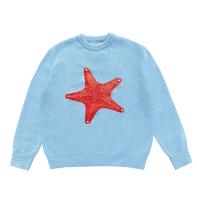 黑喵像素 珍珠海星蓝毛衣复古针织套头圆领慵懒宽松上衣男女