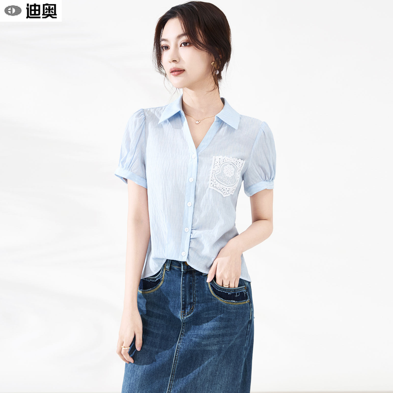 迪奥时尚短袖衬衫女2026夏季新款气质减龄通勤百搭设计感短款衬衣