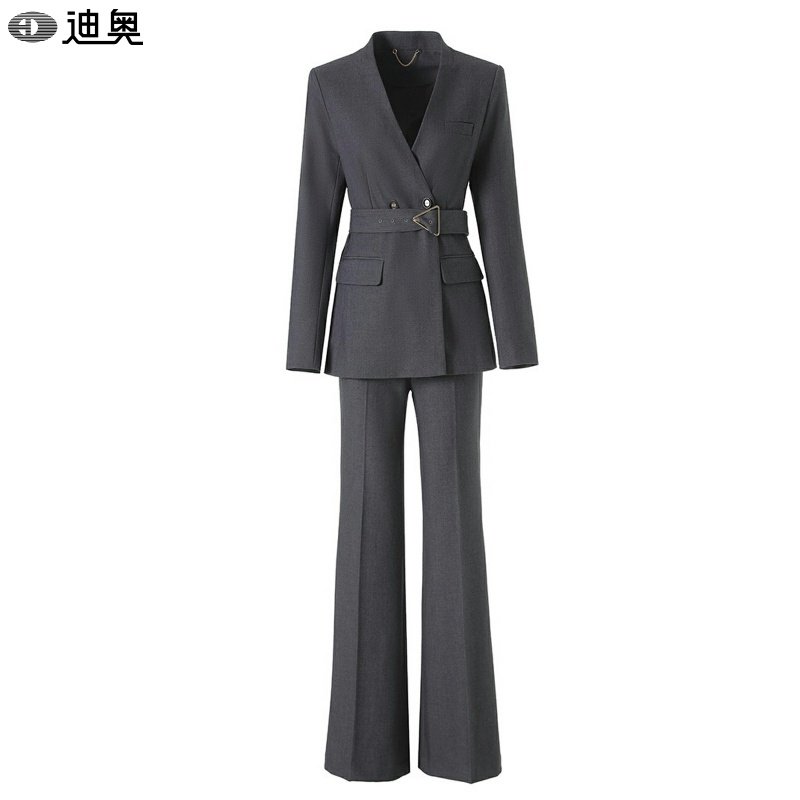 迪奥26春秋新款无领三角扣收腰修身气质微喇裤职业通勤西装套装女