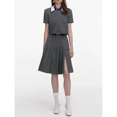 欧美小众SP家 2026早春季灰色翻领衬衫上衣+百褶半身裙套装女