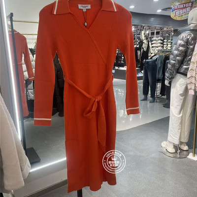 VM国内代购橙色撞色翻领休闲中长款长袖针织连衣裙女 323346045