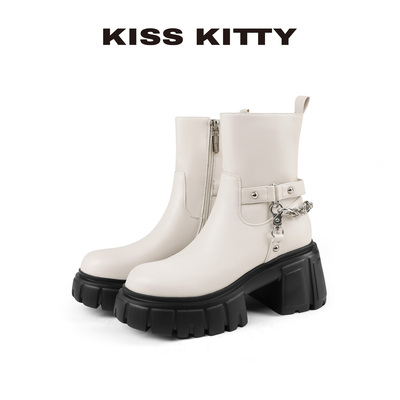 KISSKITTY增高厚底马丁靴短靴英伦风黑色链条机车靴女靴烟筒靴子
