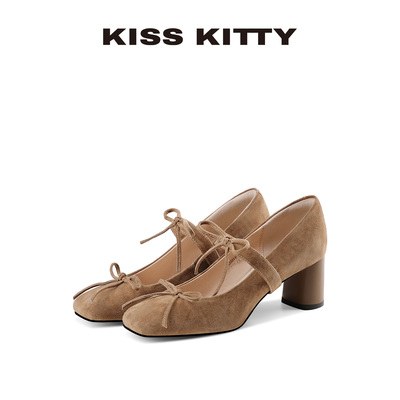 KISSKITTY玛丽珍芭蕾鞋女春季新款高跟鞋粗跟法式蝴蝶结浅口单鞋