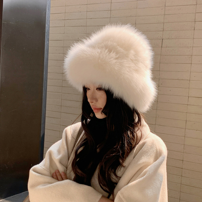 轻盈显脸小狐狸毛渔夫帽 冬季温暖加厚可调节真皮草毛毛护耳帽子