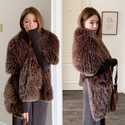 贵气双面狐狸毛皮草披肩女士冬季保暖真毛加大围脖长款毛毛大围巾
