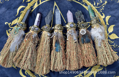 wiccan祭坛天然水晶柱子月亮配件羽毛手工大扫把摆件