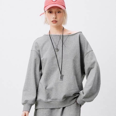 毛边一字领宽松大版春秋套头卫衣