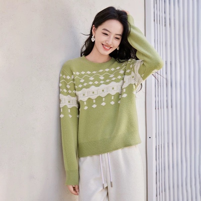 圆领套头植绒拼色休闲百搭毛衣