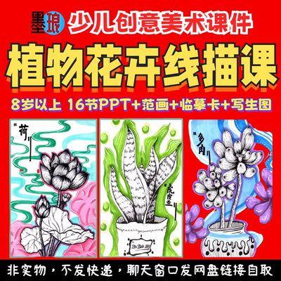 植物花卉线描课-少儿童创意美术课程花草写生临摹绘画画课件PPT