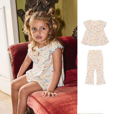 儿童T恤2026夏季新款MP女童卡通印花荷叶边可爱上衣喇叭裤套装