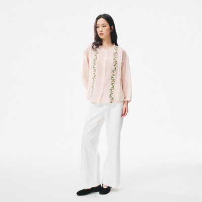 胡可的买手店 NW80EN《lucky》绣花打条丝棉木耳边拼接蕾丝衬衫