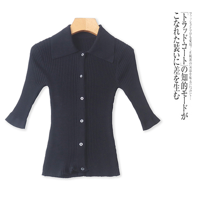 J1968外贸欧美单女士半袖针织衫春季新款翻领单排扣修身显瘦上衣