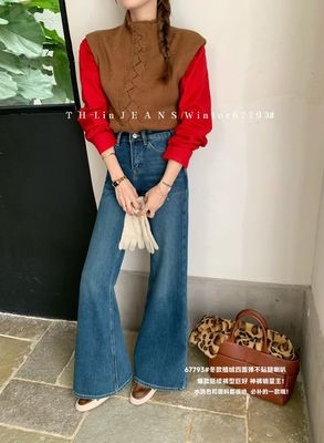 韩系简约高腰不贴腿直筒牛仔裤女冬季新款植绒宽松显瘦气质微喇裤