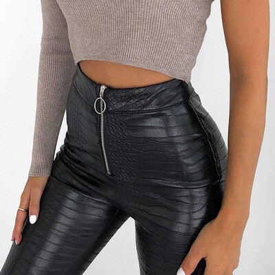 Autumn Pants Women PU Leather High Waist trousers 高腰皮裤女