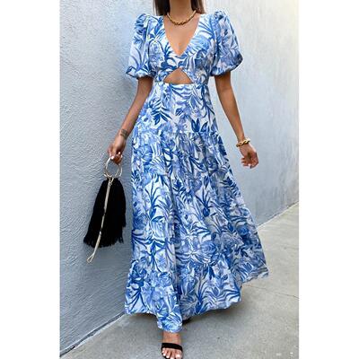 Women printed holiday dress 欧美度假风露背拼接印花连衣裙