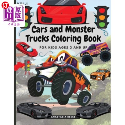 海外直订Cars and Monster Trucks Coloring Book For Kids Ages 3 and Up: Fun Coloring Book  汽车和怪物卡车涂色书儿童3