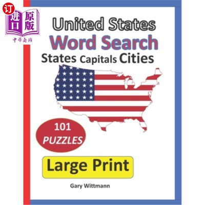 海外直订United States Word Search, States, Capitals, Cities: Large Print, 美国词搜索，国家，首都，城市:大型打印，