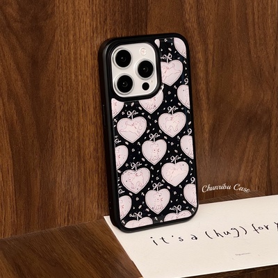 春日部防卫队Fighting｜日韩ins黑底碎花爱心狗狗适用苹果16手机壳小众iphone15plus/14promax/13/12/11华为