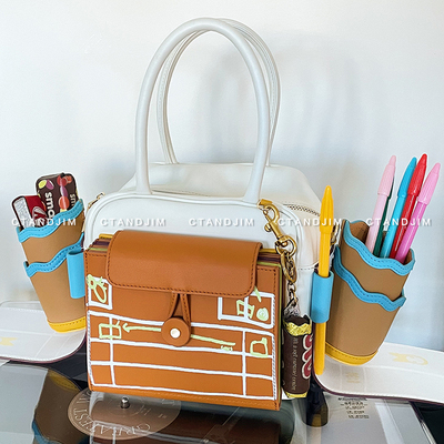 CTANDJIM生活加点趣头层牛皮涂鸦小方包 手提托特包 趣味手袋