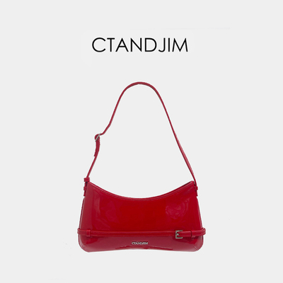 头层红色漆皮腋下包针扣法棍包