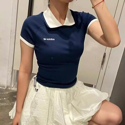 阿迪达斯三叶草女子SHORT POLO运动休闲短袖T恤 KF9610 KF9611