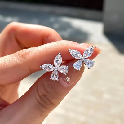 Crystal Butterfly Shaped Stud Earrings for Women Silver