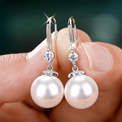 Elegant Round Imitation Pearl Dangle Earrings Dazzling CZ