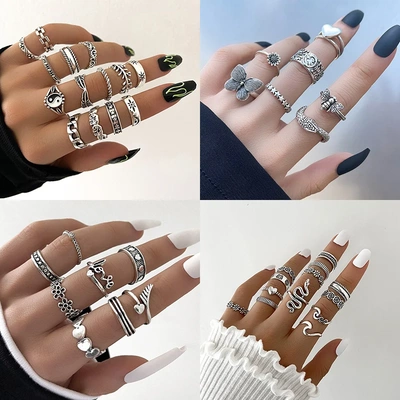 Retro Silver Color Geometric Knuckle Ring Set For Women