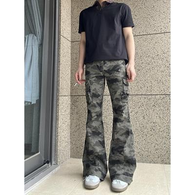 美式vibe复古修身显瘦微喇叭迷彩工装裤男女高级感中性风长裤子男