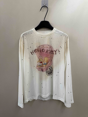 趣味卡通 萌萌蛋仔Kitty猫咪印花烫钻脏染长袖T恤宽松上衣打底衫