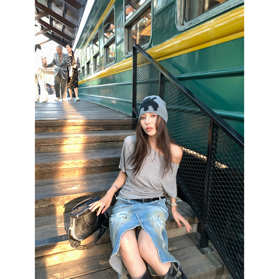 NanaByNana【7折福利】天丝斜肩短袖t恤女夏设计感露肩显瘦上衣