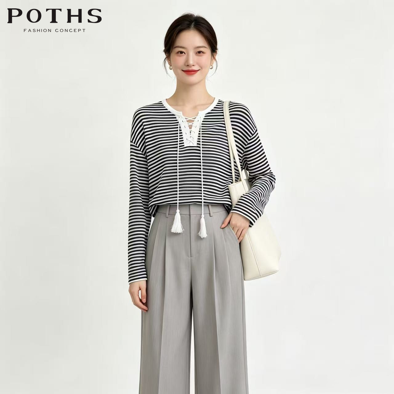 POTHS/铂玺2026秋新款条纹绑带宽松显瘦轻薄落肩袖针织衫86606026
