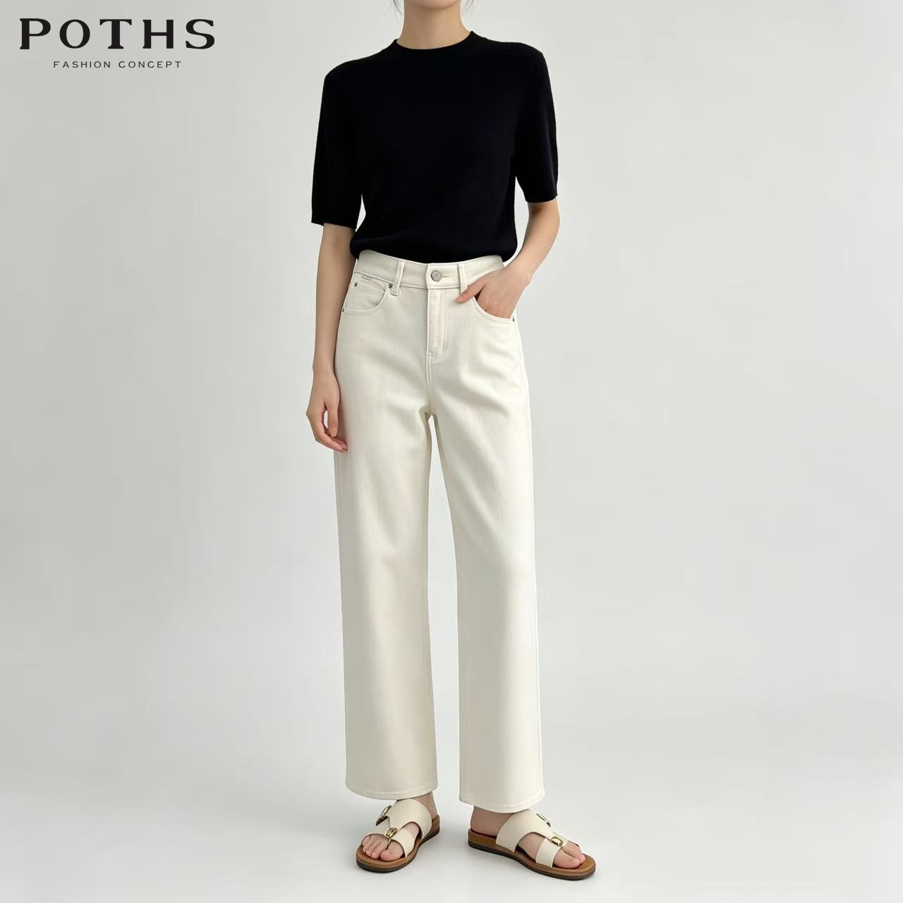 POTHS/铂玺2026秋新极简高腰白色显瘦通勤百搭直筒牛仔裤86620058