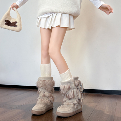 刺绣绑带毛绒雪地靴女2025冬季新款加绒加厚毛毛棉靴东北防滑保暖