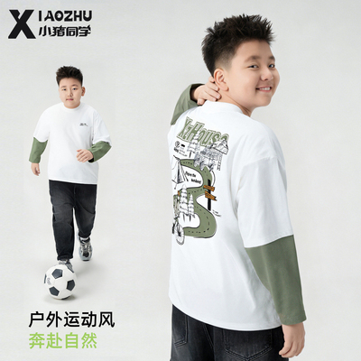胖童男童加肥加大长袖t恤假两件T恤大码中大童青少年宽松61010
