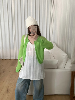 26春韩版single well绿色马海毛短款纯色单排扣针织开衫休闲毛衣