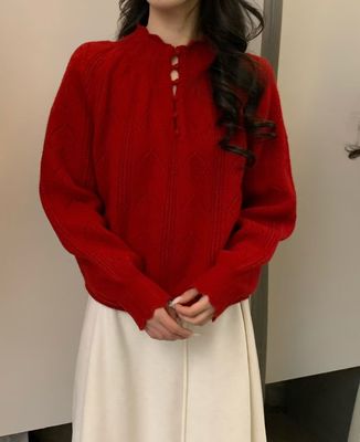 25秋冬韩版beauty新年红色镂空钩花羊毛针织衫女毛衣半身裙套装