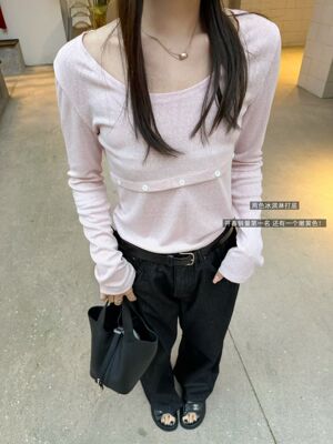 26春夏韩版ipeak纯欲风扣子设计挖空袖粉色圆领t恤女上衣