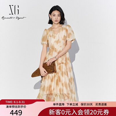 XG雪歌晕染收腰茶歇裙女25夏V领短袖雪纺印花连衣裙XK204025B797