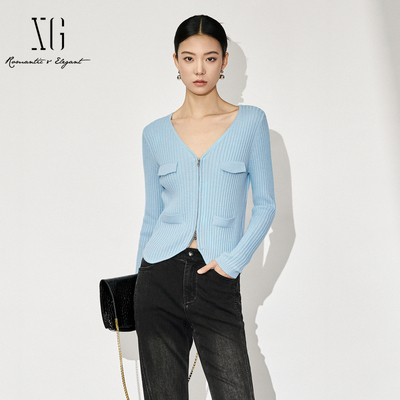 xg雪歌2024冬新款修身百搭酷飒短款V领针织开衫女XK411507A821