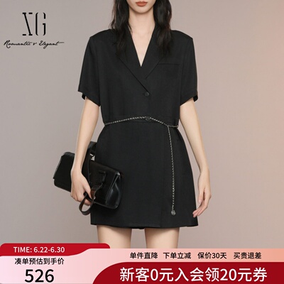 XG雪歌醋纤黑色西装连衣裙女2025夏新款气质通勤短裙XK204028A290