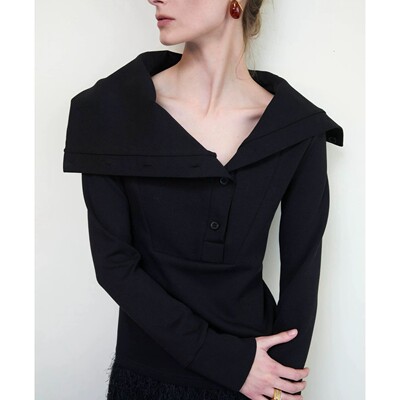 可堆翻领修身长袖上衣 黑色卫衣女春季穿搭 设计师SIP CLASS